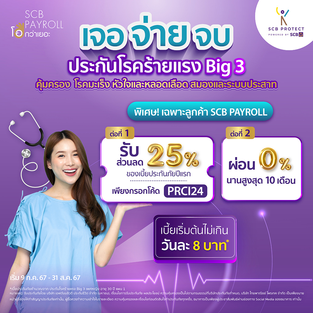 ประกันโรคร้ายแรง Big3 เจอ จ่าย จบ ! เบี้ยเริ่มต้นไม่เกินวันละ 8 บาท*